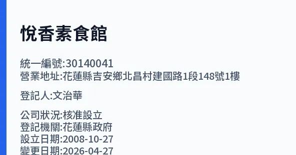 悅香素食館的照片-統編 30140041(花蓮縣) 公司登記資料與營業項目詳細圖表