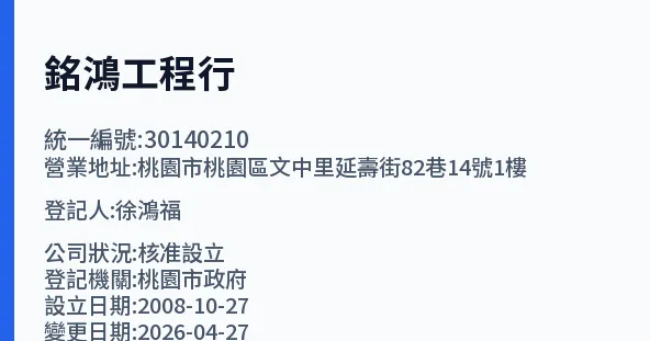 銘鴻工程行的照片-統編 30140210(桃園市) 公司登記資料與營業項目詳細圖表