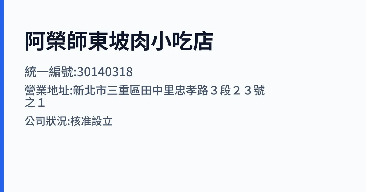 阿榮師東坡肉小吃店 - 統編 30140318(新北市) 公司登記資料與營業項目詳細圖表