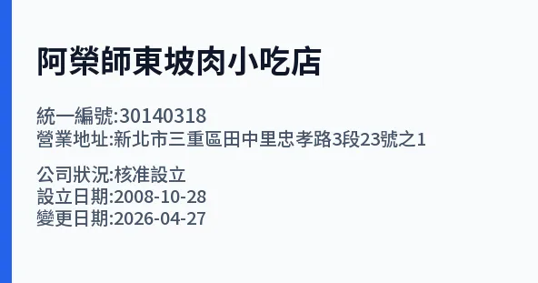 阿榮師東坡肉小吃店的照片-統編 30140318(新北市) 公司登記資料與營業項目詳細圖表