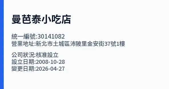 曼芭泰小吃店的照片-統編 30141082(新北市) 公司登記資料與營業項目詳細圖表
