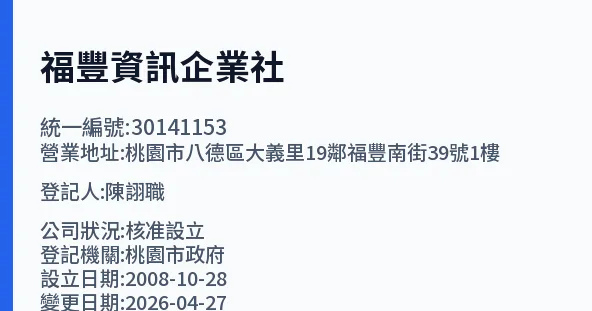 福豐資訊企業社的照片-統編 30141153(桃園市) 公司登記資料與營業項目詳細圖表