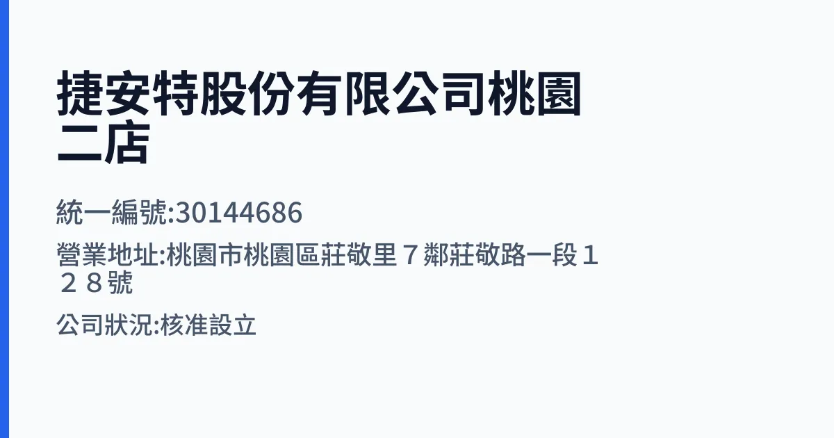 捷安特股份有限公司桃園二店 - 統編 30144686 (桃園市) 公司登記資料與營業項目詳細圖表