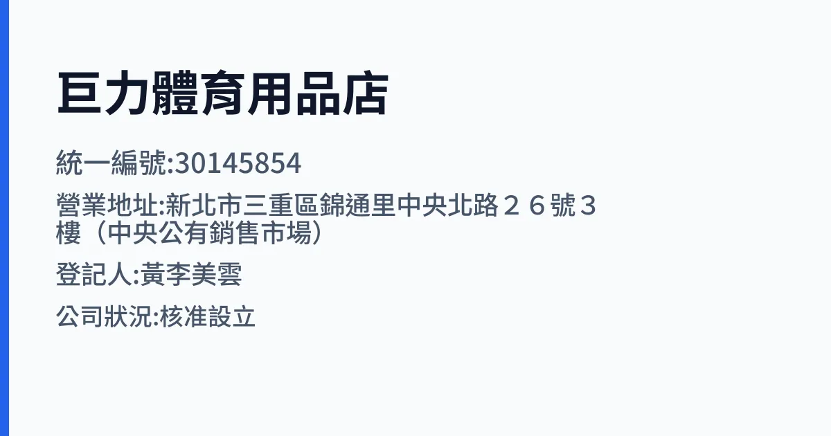 巨力體育用品店 - 統編 30145854(新北市) 公司登記資料與營業項目詳細圖表