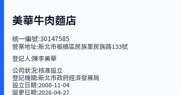 美華牛肉麵店的照片-統編 30147585(新北市) 公司登記資料與營業項目詳細圖表