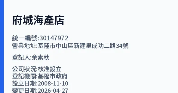 府城海產店的照片-統編 30147972(基隆市) 公司登記資料與營業項目詳細圖表