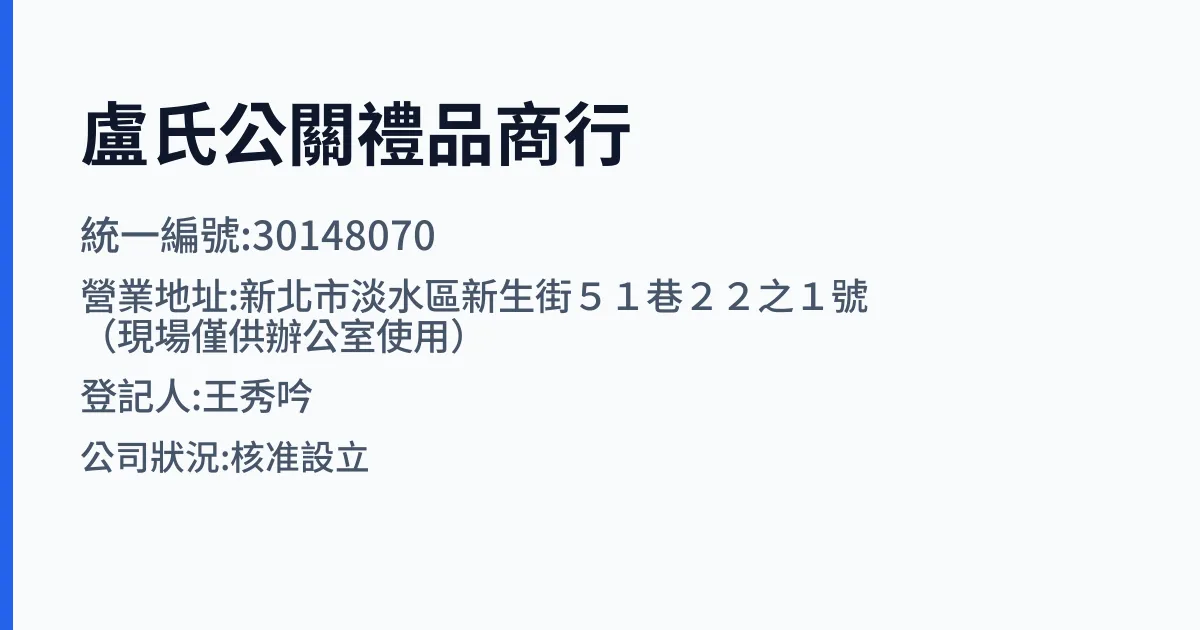 盧氏公關禮品商行 - 統編 30148070(新北市) 公司登記資料與營業項目詳細圖表