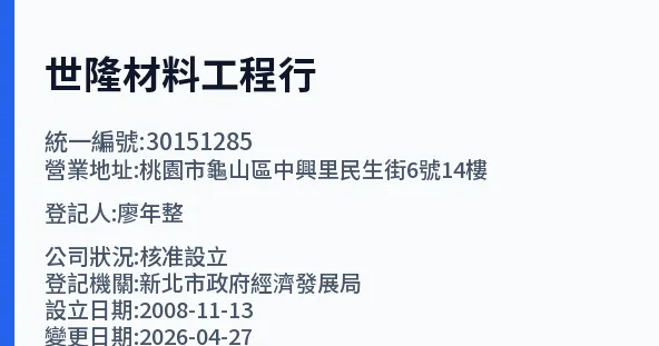 世隆材料工程行的照片-統編 30151285(桃園市) 公司登記資料與營業項目詳細圖表