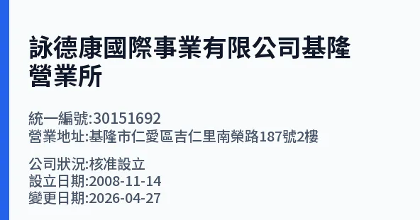 詠德康國際事業有限公司基隆營業所的照片-統編 30151692(基隆市) 公司登記資料與營業項目詳細圖表