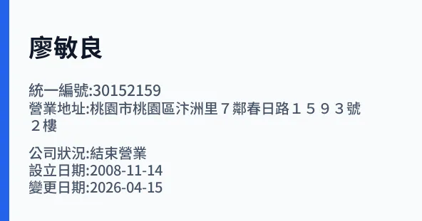 廖敏良的照片-統編 30152159(桃園市) 公司登記資料與營業項目詳細圖表
