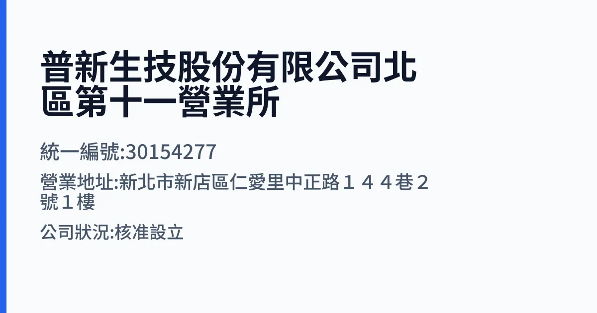 普新生技股份有限公司北區第十一營業所 - 統編 30154277(新北市) 公司登記資料與營業項目詳細圖表