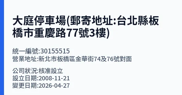 大庭停車場(郵寄地址:台北縣板橋市重慶路77號3樓)的照片-統編 30155515(新北市) 公司登記資料與營業項目詳細圖表