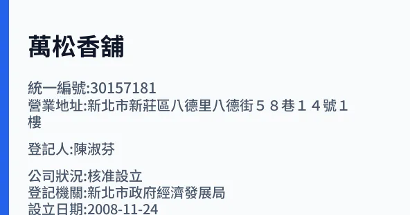 萬松香舖的照片-統編 30157181(新北市) 公司登記資料與營業項目詳細圖表