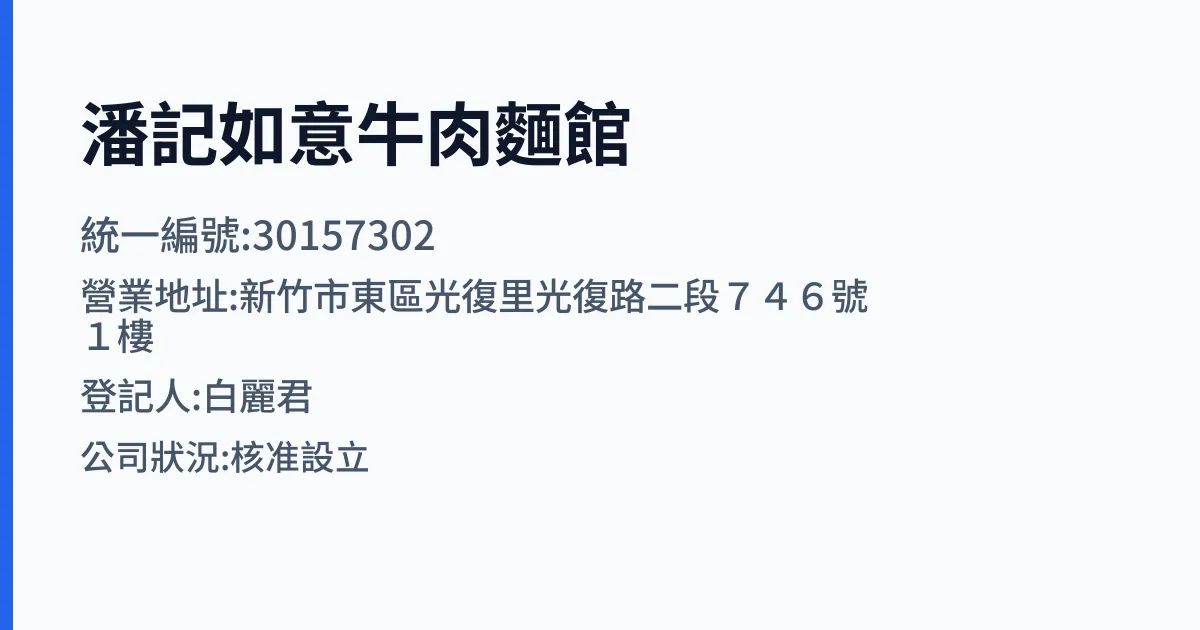 潘記如意牛肉麵館 - 統編 30157302(新竹市) 公司登記資料與營業項目詳細圖表