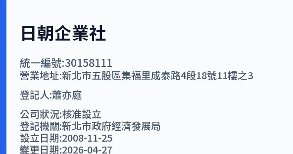 日朝企業社的照片-統編 30158111(新北市) 公司登記資料與營業項目詳細圖表