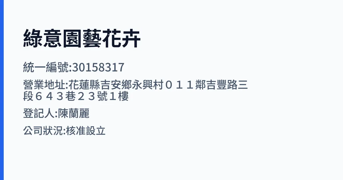 綠意園藝花卉 - 統編 30158317(花蓮縣) 公司登記資料與營業項目詳細圖表