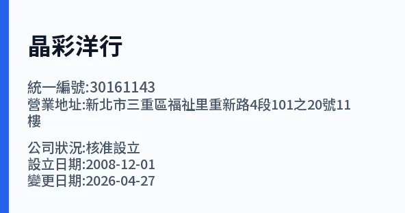 晶彩洋行的照片-統編 30161143(新北市) 公司登記資料與營業項目詳細圖表