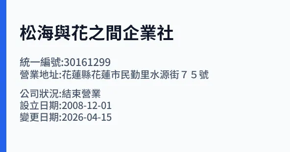 松海與花之間企業社的照片-統編 30161299(花蓮縣) 公司登記資料與營業項目詳細圖表