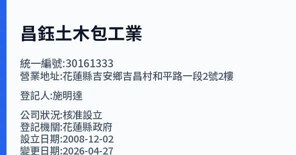 昌鈺土木包工業的照片-統編 30161333(花蓮縣) 公司登記資料與營業項目詳細圖表