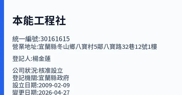 本能工程社的照片-統編 30161615(宜蘭縣) 公司登記資料與營業項目詳細圖表