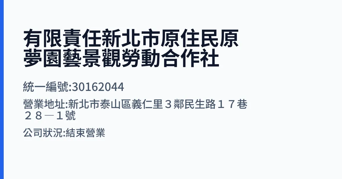 有限責任新北市原住民原夢園藝景觀勞動合作社 - 統編 30162044(新北市) 公司登記資料與營業項目詳細圖表