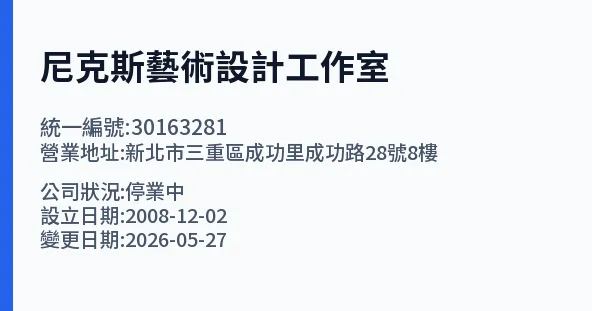 尼克斯藝術設計工作室的照片-統編 30163281(新北市) 公司登記資料與營業項目詳細圖表