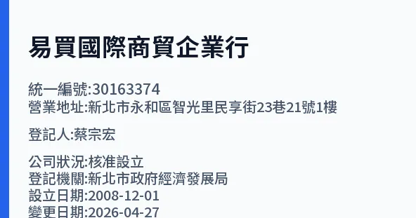 易買國際商貿企業行的照片-統編 30163374(新北市) 公司登記資料與營業項目詳細圖表