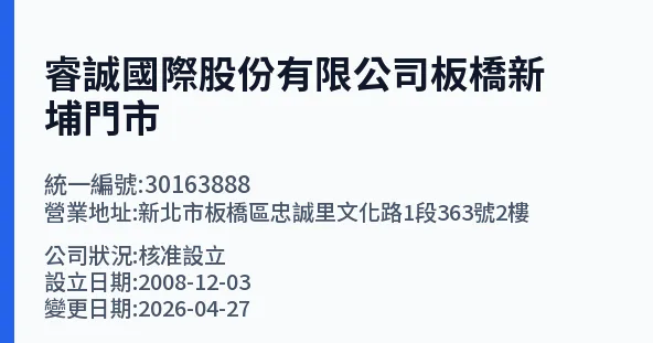 睿誠國際股份有限公司板橋新埔門市的照片-統編 30163888(新北市) 公司登記資料與營業項目詳細圖表