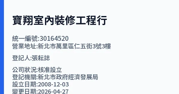 寶翔室內裝修工程行的照片-統編 30164520(新北市) 公司登記資料與營業項目詳細圖表