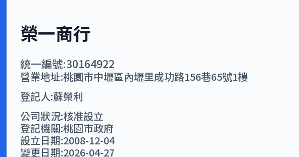 榮一商行的照片-統編 30164922(桃園市) 公司登記資料與營業項目詳細圖表