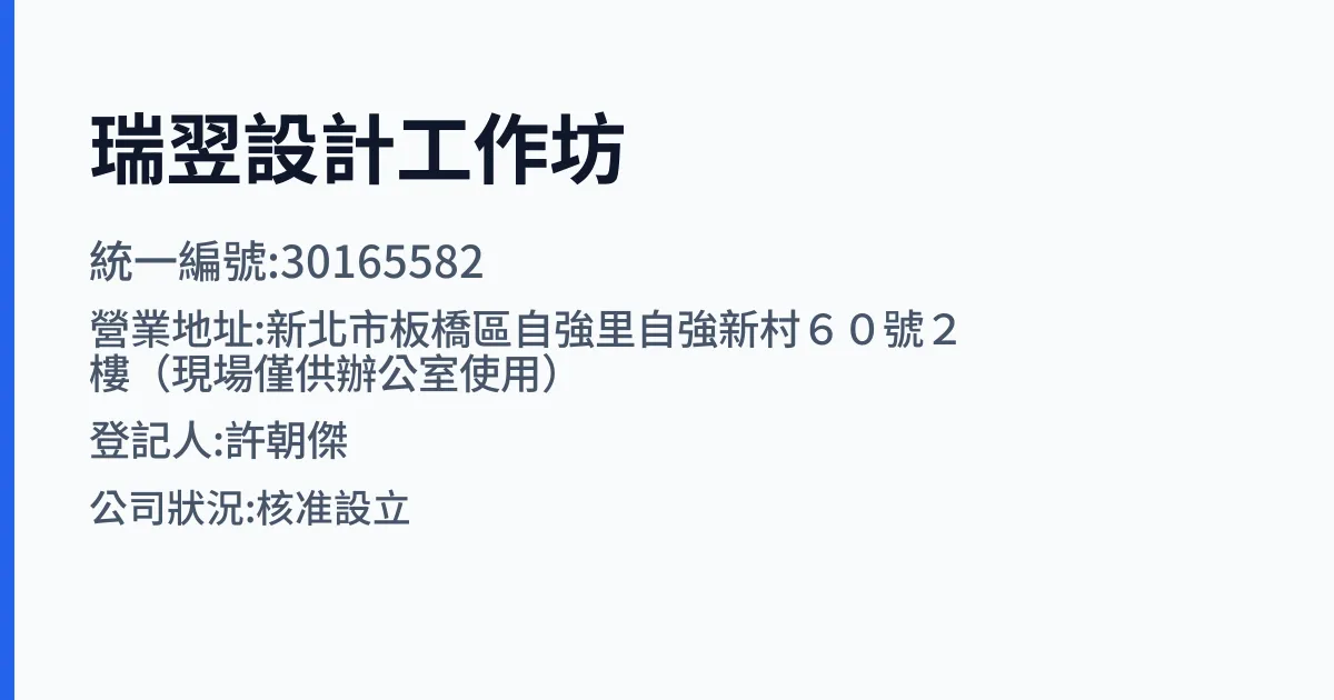 瑞翌設計工作坊 - 統編 30165582(新北市) 公司登記資料與營業項目詳細圖表