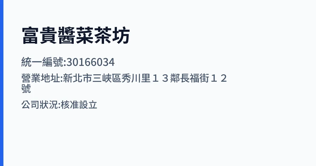 富貴醬菜茶坊 - 統編 30166034(新北市) 公司登記資料與營業項目詳細圖表