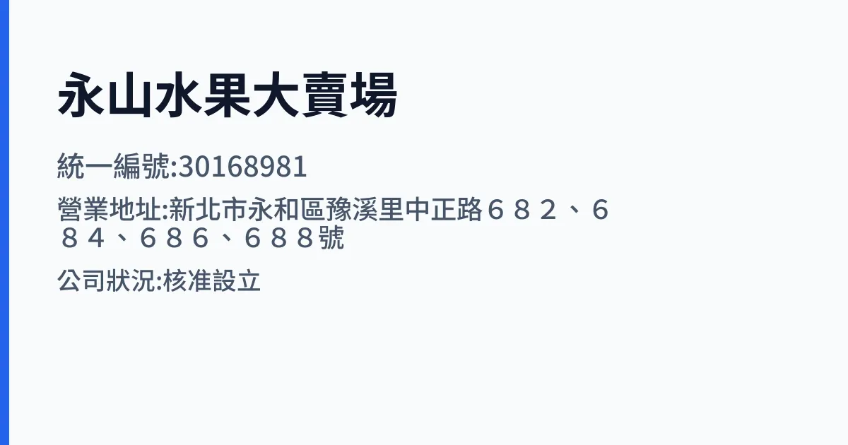 永山水果大賣場 - 統編 30168981(新北市) 公司登記資料與營業項目詳細圖表