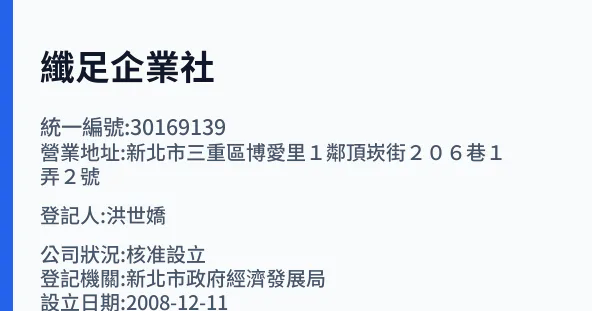纖足企業社的照片-統編 30169139(新北市) 公司登記資料與營業項目詳細圖表