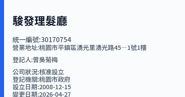 駿發理髮廳的照片-統編 30170754(桃園市) 公司登記資料與營業項目詳細圖表