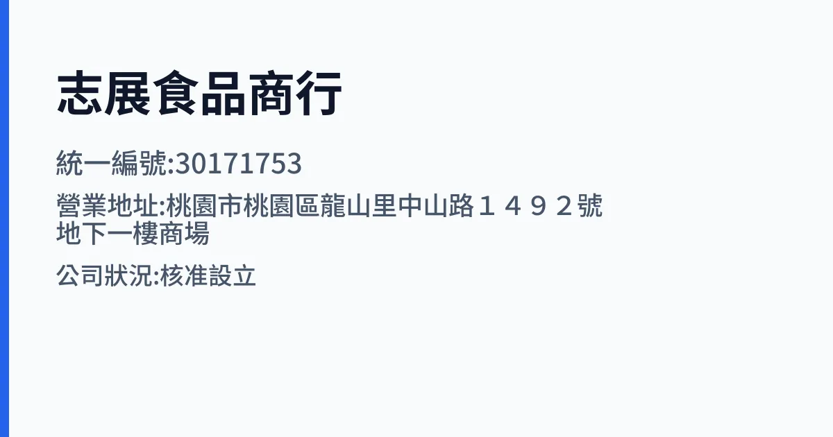 志展食品商行 - 統編 30171753(桃園市) 公司登記資料與營業項目詳細圖表