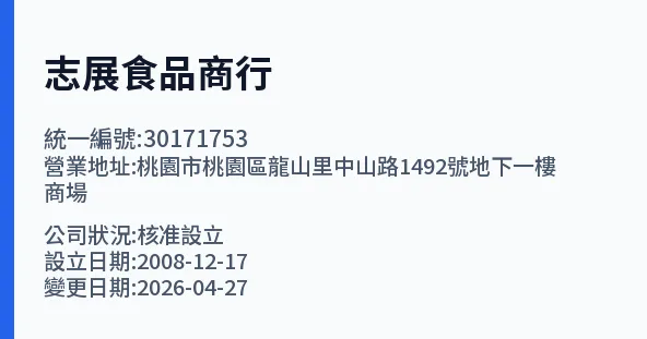 志展食品商行的照片-統編 30171753(桃園市) 公司登記資料與營業項目詳細圖表