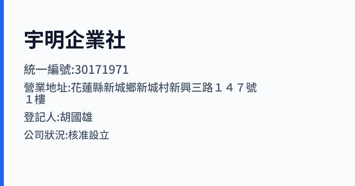宇明企業社 - 統編 30171971(花蓮縣) 公司登記資料與營業項目詳細圖表