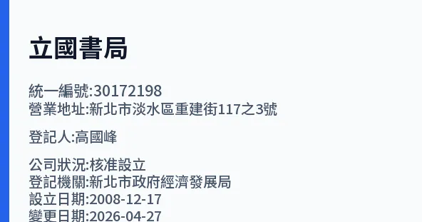 立國書局的照片-統編 30172198(新北市) 公司登記資料與營業項目詳細圖表