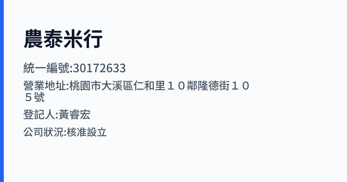 農泰米行 - 統編 30172633(桃園市) 公司登記資料與營業項目詳細圖表
