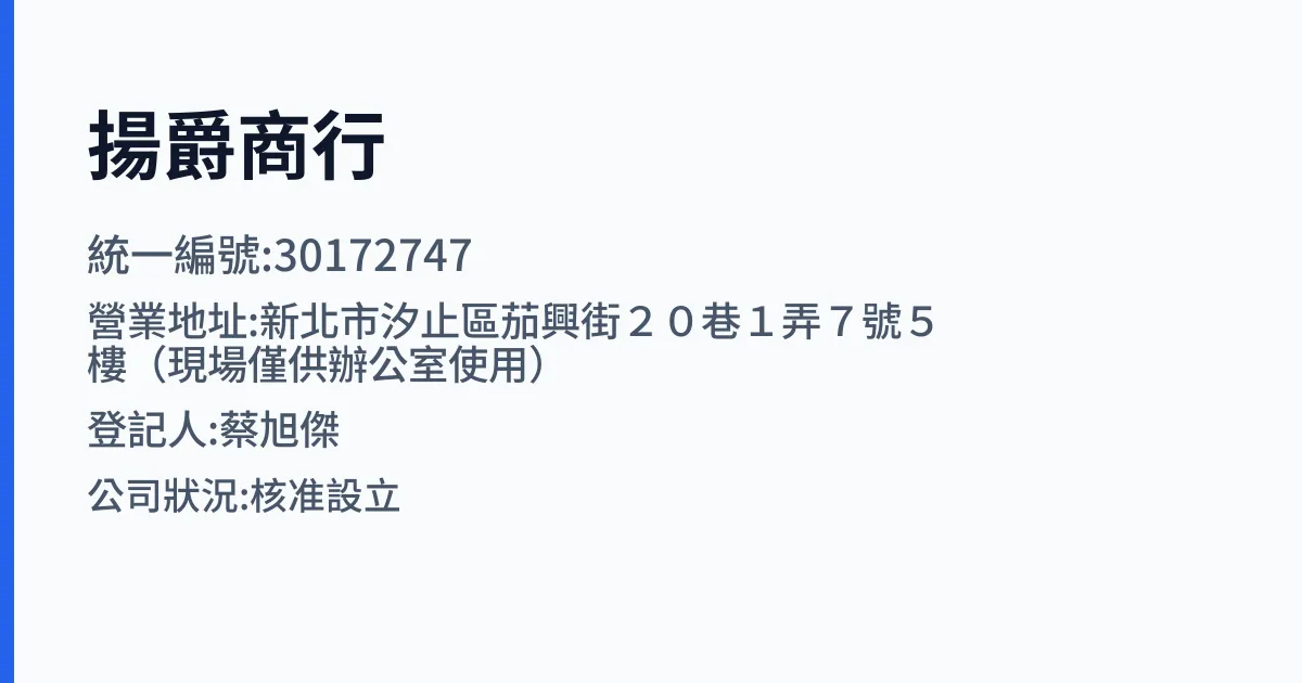 揚爵商行 - 統編 30172747(新北市) 公司登記資料與營業項目詳細圖表