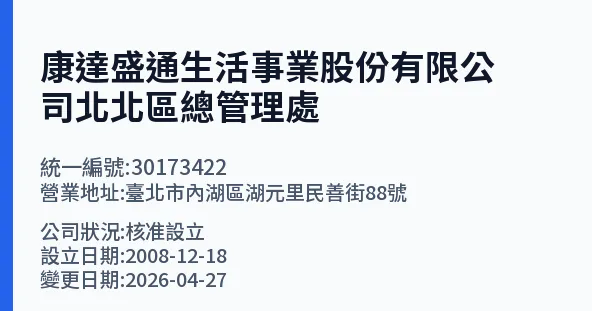 康達盛通生活事業股份有限公司北北區總管理處的照片-統編 30173422(臺北市) 公司登記資料與營業項目詳細圖表