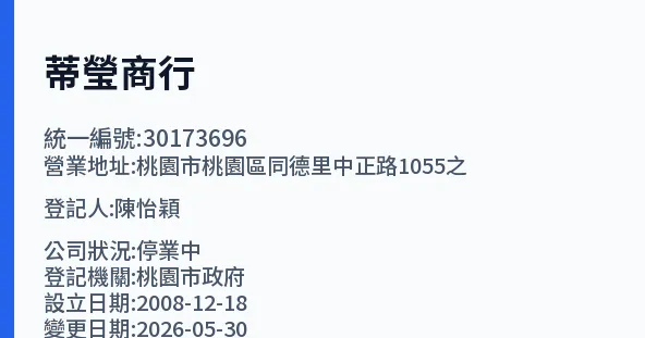 蒂瑩商行的照片-統編 30173696(桃園市) 公司登記資料與營業項目詳細圖表