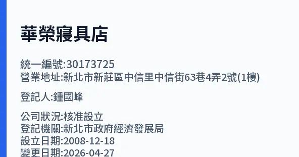 華榮寢具店的照片-統編 30173725(新北市) 公司登記資料與營業項目詳細圖表