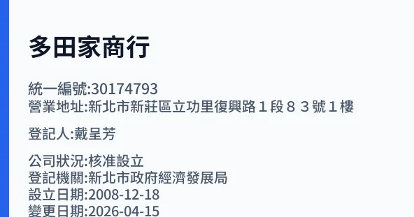 多田家商行的照片-統編 30174793(新北市) 公司登記資料與營業項目詳細圖表