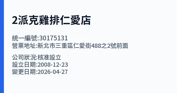 2派克雞排仁愛店的照片-統編 30175131(新北市) 公司登記資料與營業項目詳細圖表