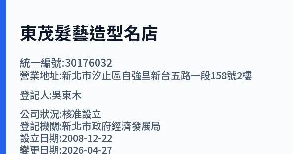 東茂髮藝造型名店的照片-統編 30176032(新北市) 公司登記資料與營業項目詳細圖表
