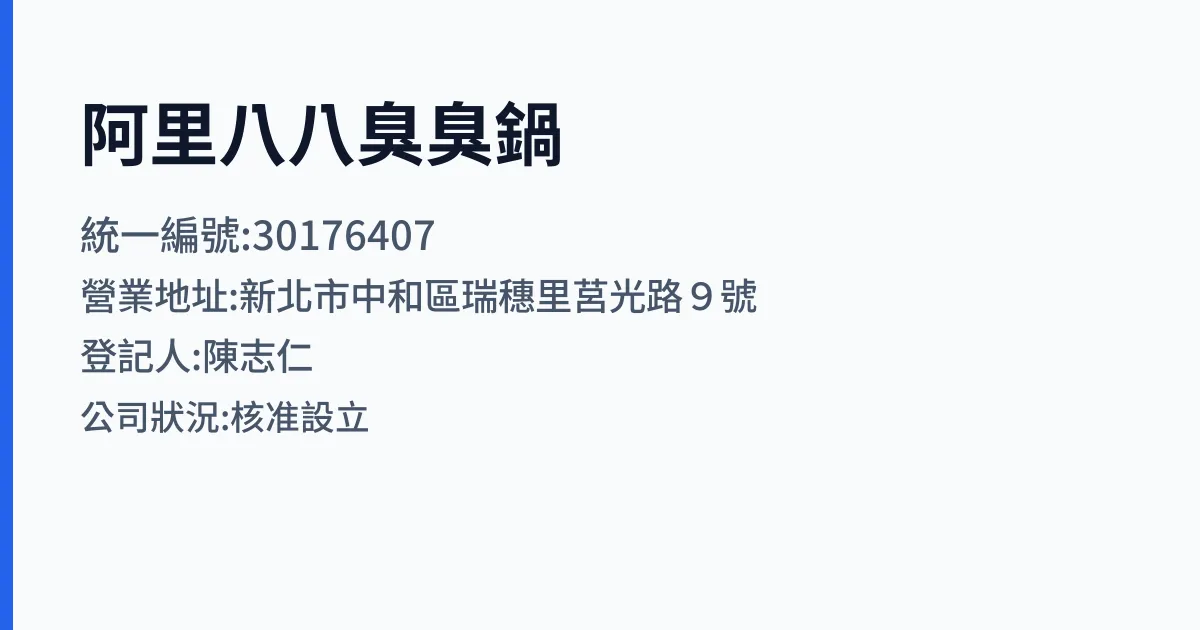 阿里八八臭臭鍋 - 統編 30176407(新北市) 公司登記資料與營業項目詳細圖表