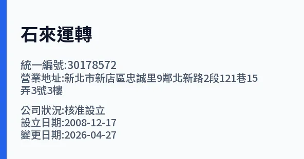 石來運轉的照片-統編 30178572(新北市) 公司登記資料與營業項目詳細圖表