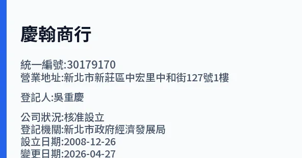 慶翰商行的照片-統編 30179170(新北市) 公司登記資料與營業項目詳細圖表